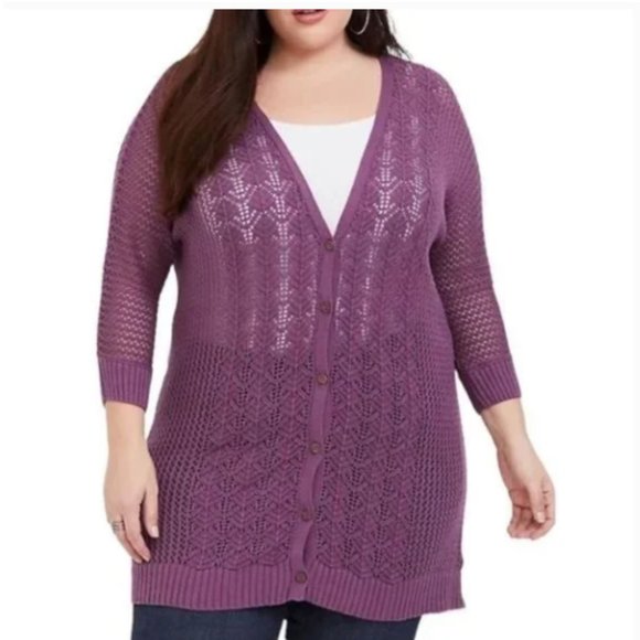 torrid | Sweaters | Torrid Purple Mauve Long Button Front Pointelle ...